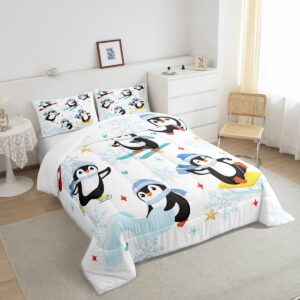 Winter Snowflake New Year Bed Comforter Set Queen Size,Cute Cartoon Skiing Penguin Super Soft Microfiber Bedding Set for Girls Boys,Merry Christmas Theme Decorative Quilter Set