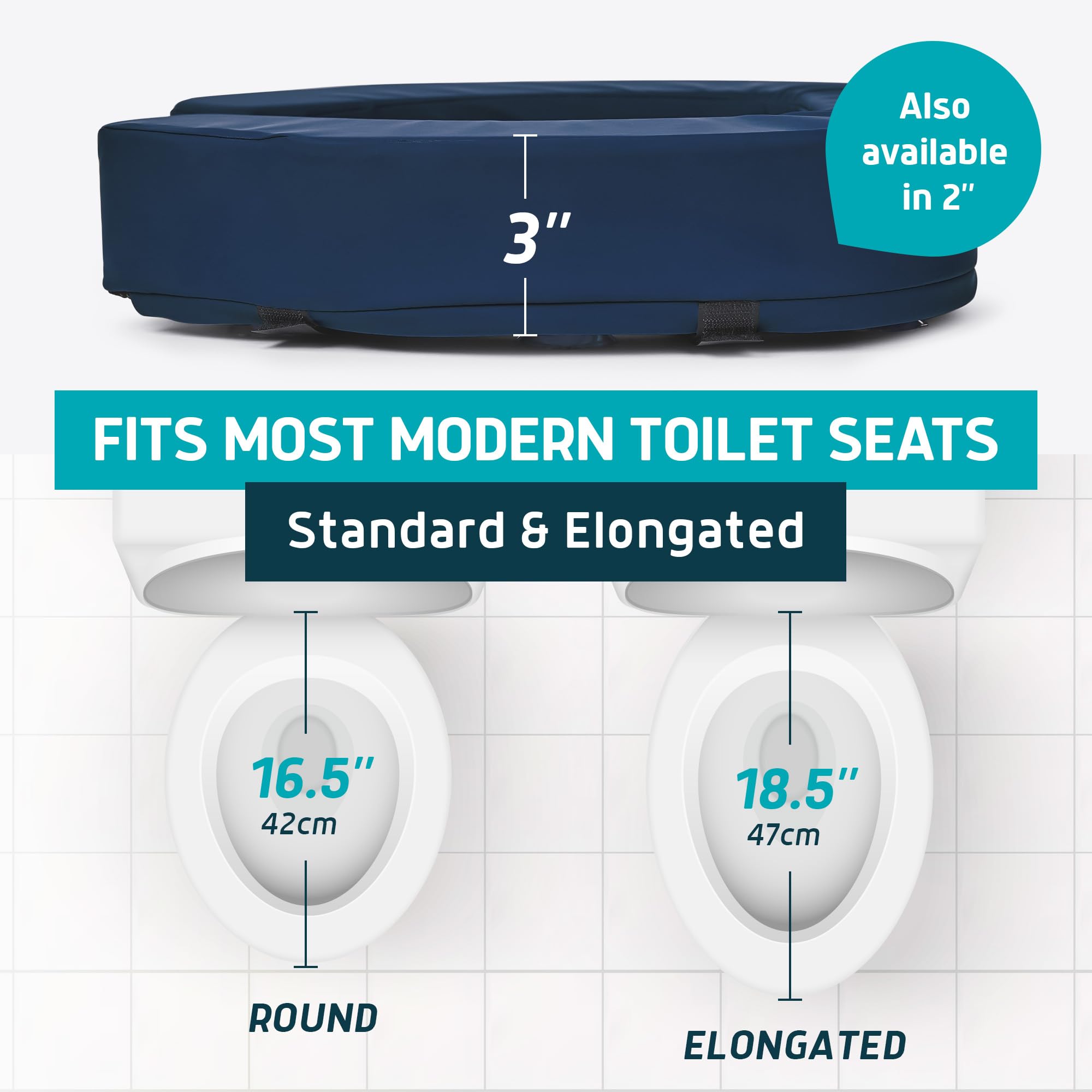 Lunderg Toilet Seat Riser for Seniors - Adds 3 inches - Universal Fit - FIRM Raised Toilet Seat Cushion with High-Density Foam for enhanced Comfort & Elevation. Post-Surgery Must Have (Blue)