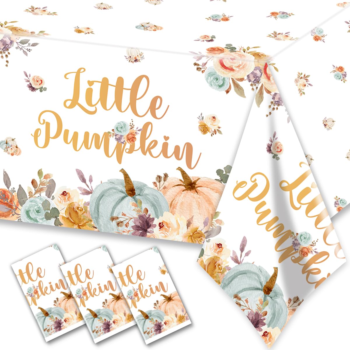 3Pcs Little Pumpkin Tablecloths-Floral Pumpkin Theme Rectangular Plastic Table Covers Fall Baby Shower Birthday Party Supplies for Boys Girls