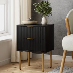 AEPOALUA Nightstand,Small Bedside Table with Gold Frame,White Night Stand,Bedside Furniture,Side Table with Drawer and Shelf for Bedroom,Living Room (Mid-Century-Stripe, Black.)