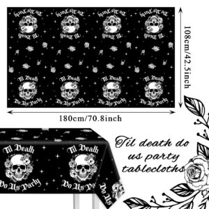 CMUSKO 3Pcs Til Death Do Us Party Tablecloths-Halloween Bachelorette Decorations Black Gothic Skull Disposable Rectangular Plastic Table Cover for Bridal Shower Engagement Party