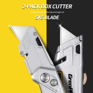 GRENPRO 2-Pack Utility Knife, SK5 Heavy Duty Retractable Folding Utility Knife, Storage Blade Design, Quick-change，Comes with 16 Extra CK75 Blades，Cut Cartons, Cardboard and Boxes,（Total 18 Blades）