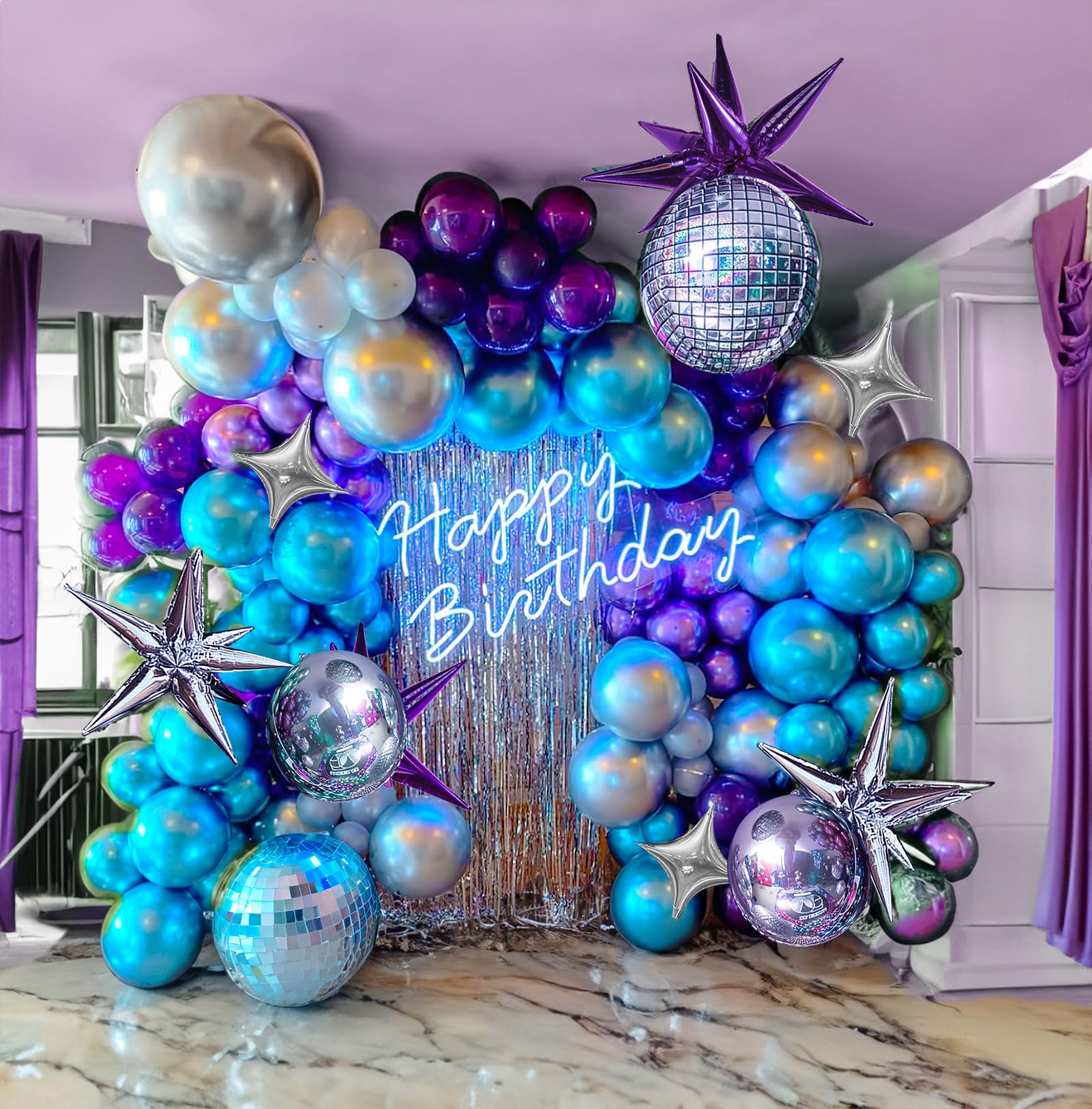 Chrome Purple and blue Disco Balloon garland Arch Kit 160pcs Metallic disco party decorations with Starburst disco ball balloons for Galaxy birthday 2024 graduation prom decorations