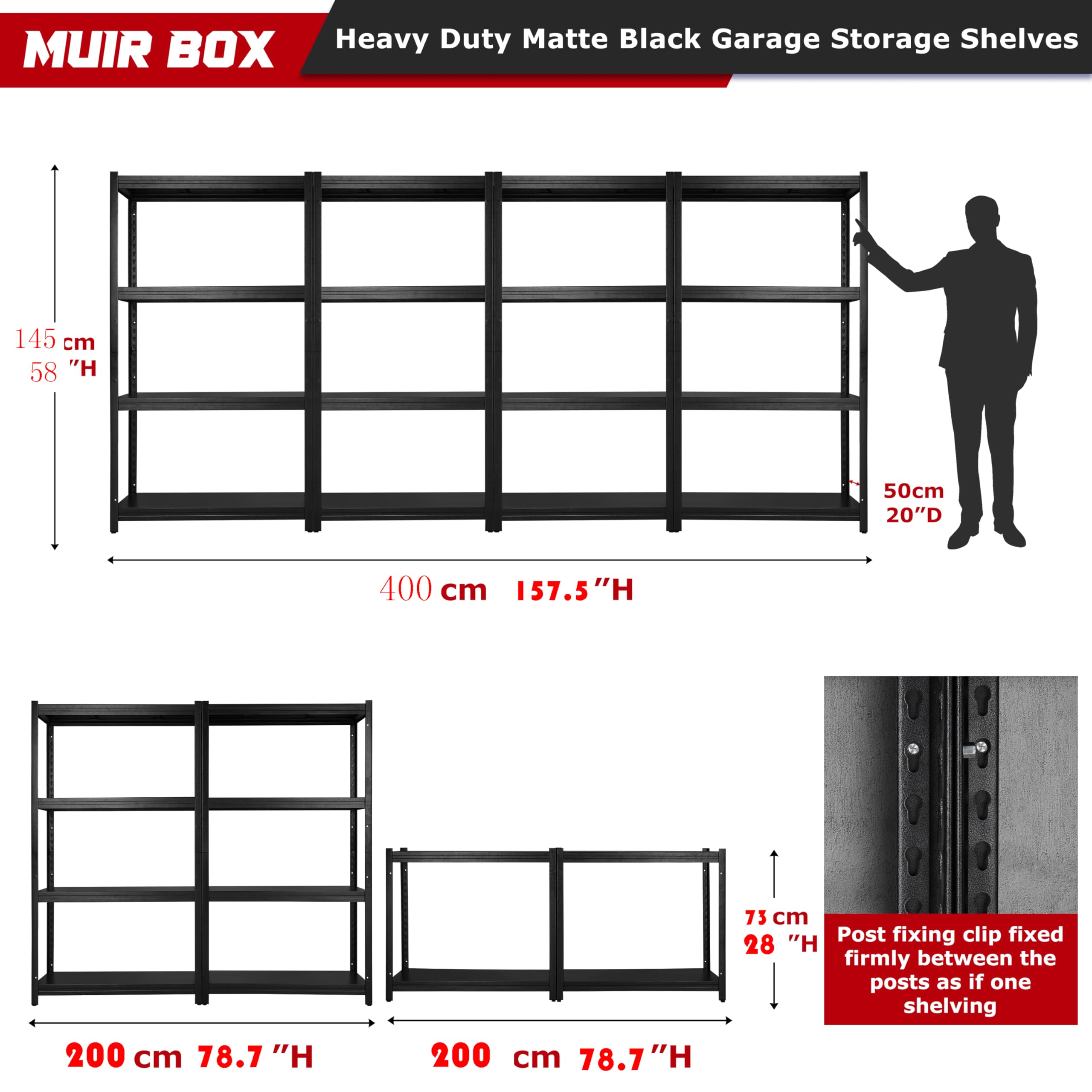 MUIR BOX 4 Tier 40" Wx20 Dx57 H Garage Shelving Heavy Duty 500lbs/ Shelf, 2000lbs Garage Storage Shelves Adjustable Heavy Duty Metal Shelving for Garage Industrial Rack 40" Wx20 Dx57 H