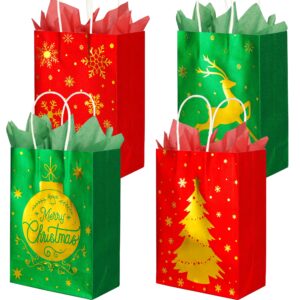 blewindz 16pcs christmas gift bags with tissue papers for gifts, 8.6" small christmas goodie bags sparkle treat bags for kids xmas holiday (red green)