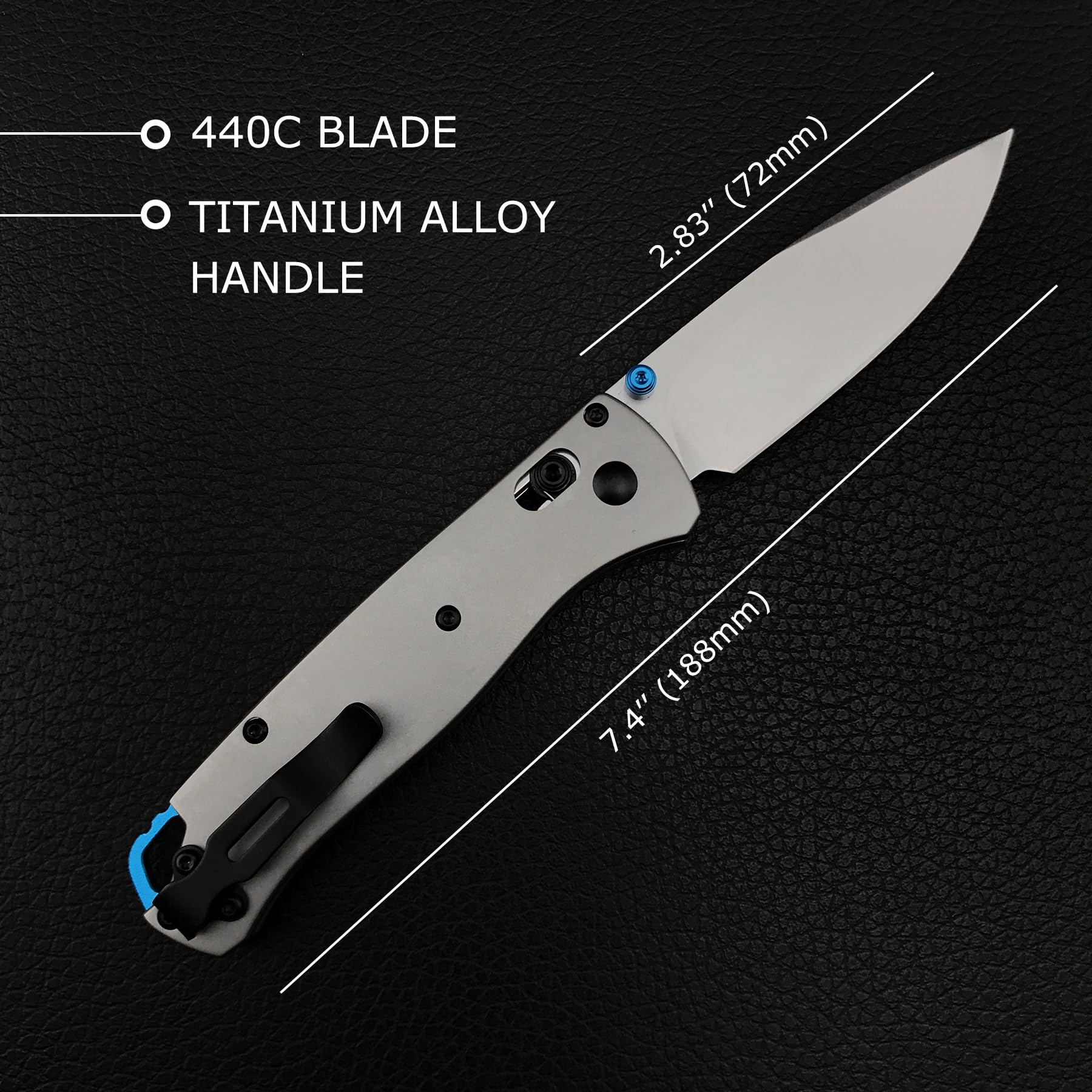 7.4 Inch Manual Open Bugout 535 Folding Knife, Axis Lock Knife with 2.8 Inch 440C Blade Titanium Alloy Handle, EDC Pocket Knife with Belt Clip for Camping Hunting (440C blade)