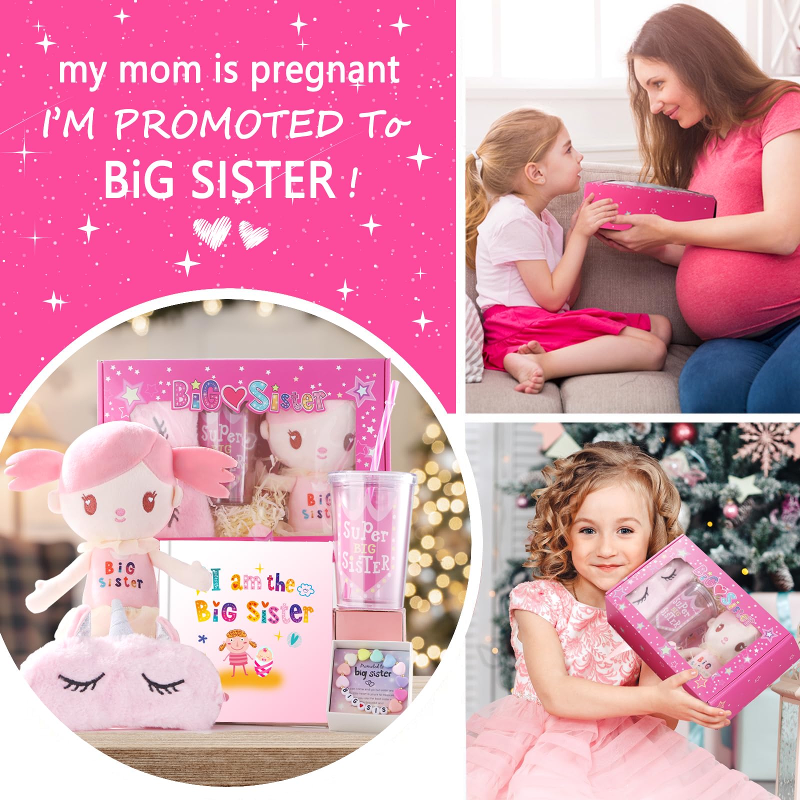 SHUNNIUB Big Sister Gifts for Girls, New Big Sister Gifts for Little Girls Age 3-12 Toddler Girls from Mom Dad Aunt Uncle Includes Tumbler Big Sister Book Little Girl Doll Big Sis Eye-Shade