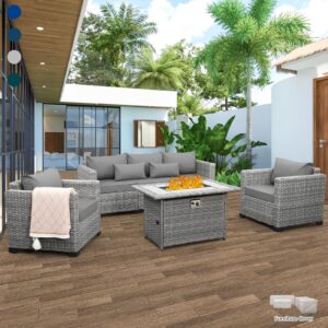 rattaner patio furniture set 4 pieces outdoor furniture sets patio couch outdoor chairs 42 inches propane fire pit table with anti-slip cushions and waterproof covers, light grey