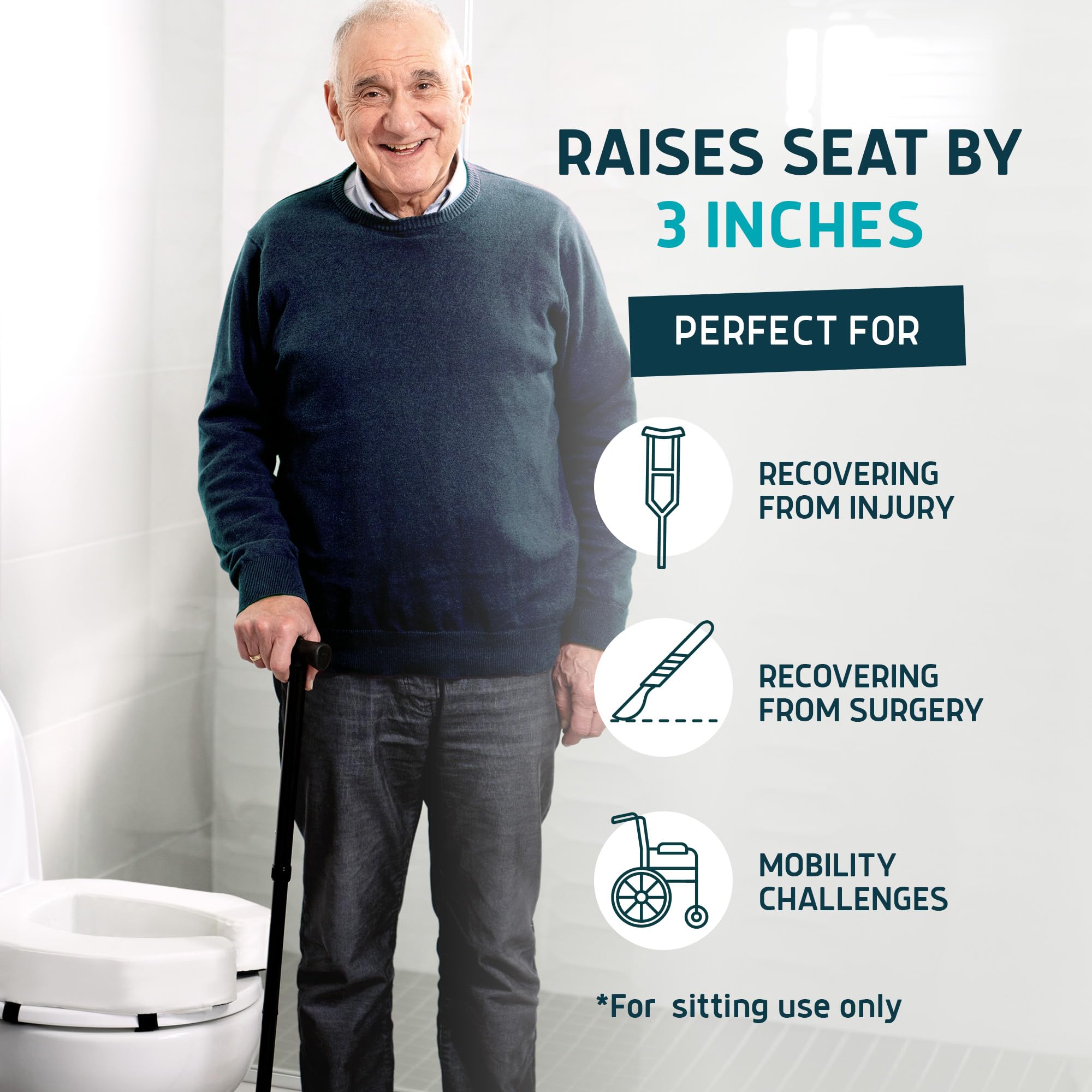 Lunderg Toilet Seat Riser for Seniors - Adds 3 inches. Universal Fit - Firm Raised Toilet Seat Cushion with High-Density Foam for Enhanced Comfort & Elevation. Post-Surgery Must Have (White)