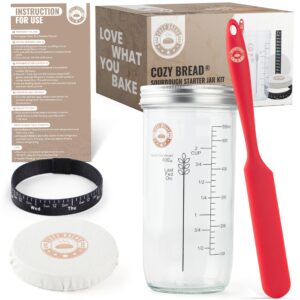 Sourdough Starter Jar Kit - 24 Oz Sourdough Starter Glass Jar with Date Marked Feeding Band, Thermometer, Silicone Scraper, Cloth Cover, and Metal Lid