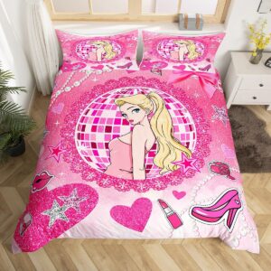 pink girly princess kids duvet cover set twin size,high-heeled shoes lip bowknot romantic bedding set,beauty girls room decor,glitter sequin diamond comforter cover,dreamy quilt cover,1 pillowcase