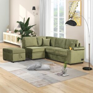 linen l-shape reversible sleeper sectional sofa couch with storage ottoman, 2 in 1 pull out convertible sofa bed with cup holders and usb charging port for living room apartment office (green-li)