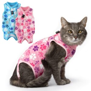 cat recovery suit: pink cat surgery recovery suit female w/paw print design - elastic, soft & breathable cat recovery suit for spay - washable cat surgery suit for post-operative healing process.