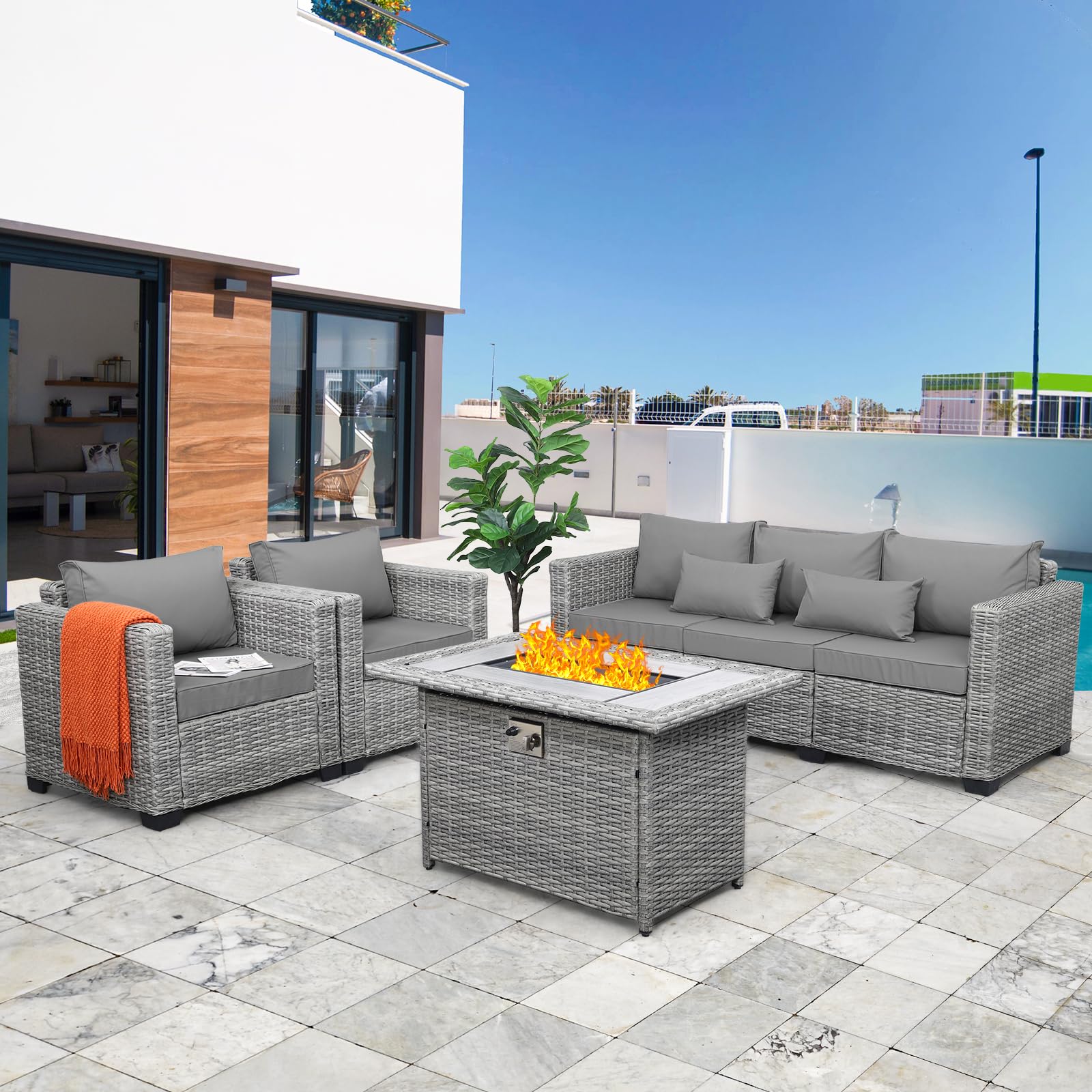 Rattaner Patio Furniture Set 4 Pieces Outdoor Furniture Sets Patio Couch Outdoor Chairs 42 Inches Propane Fire Pit Table with Anti-Slip Cushions and Waterproof Covers, Light Grey