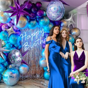 Chrome Purple and blue Disco Balloon garland Arch Kit 160pcs Metallic disco party decorations with Starburst disco ball balloons for Galaxy birthday 2024 graduation prom decorations