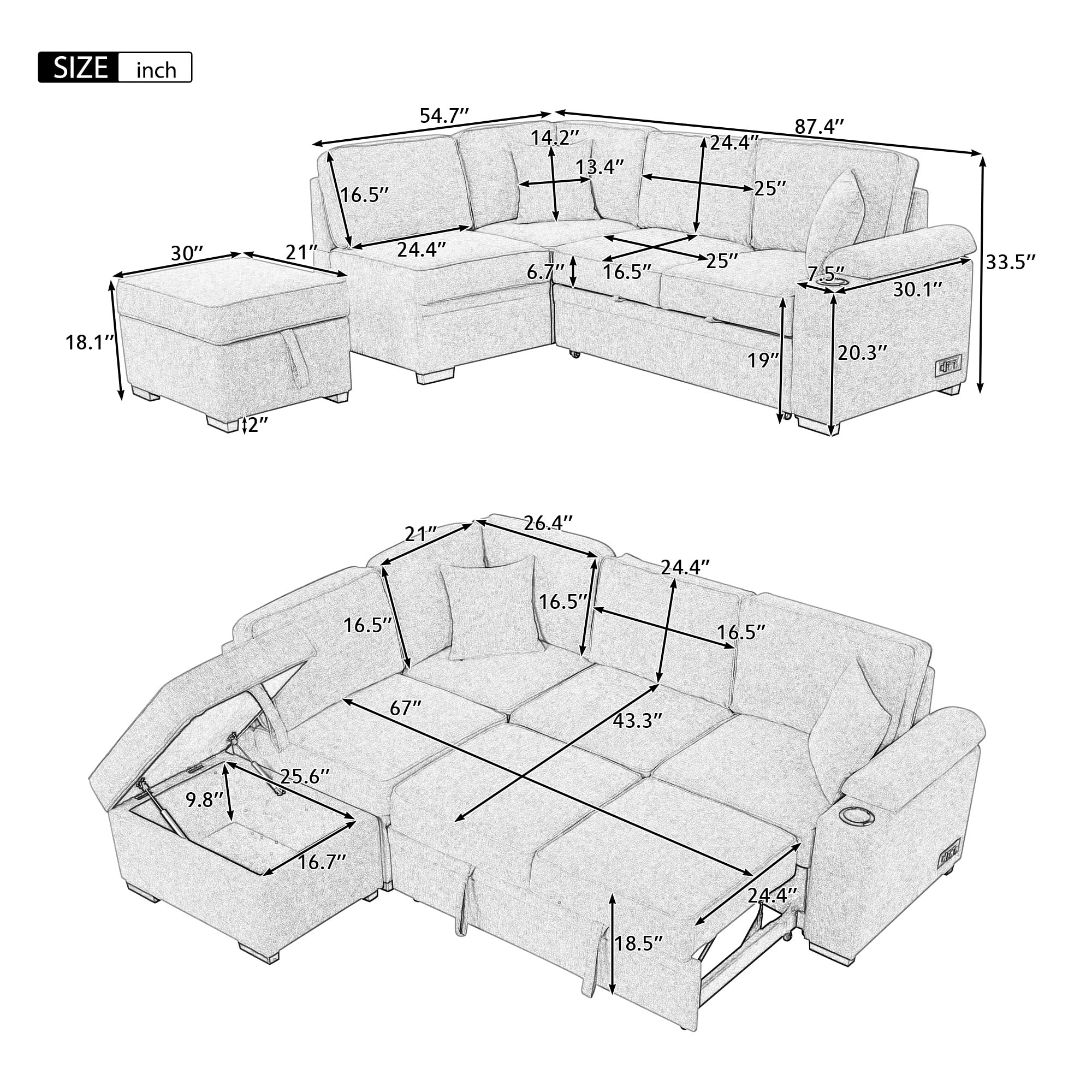 Linen L-shape Reversible Sleeper Sectional Sofa Couch with Storage Ottoman, 2 in 1 Pull Out Convertible Sofa Bed with Cup Holders and USB Charging Port for Living Room Apartment Office (Green-LI)