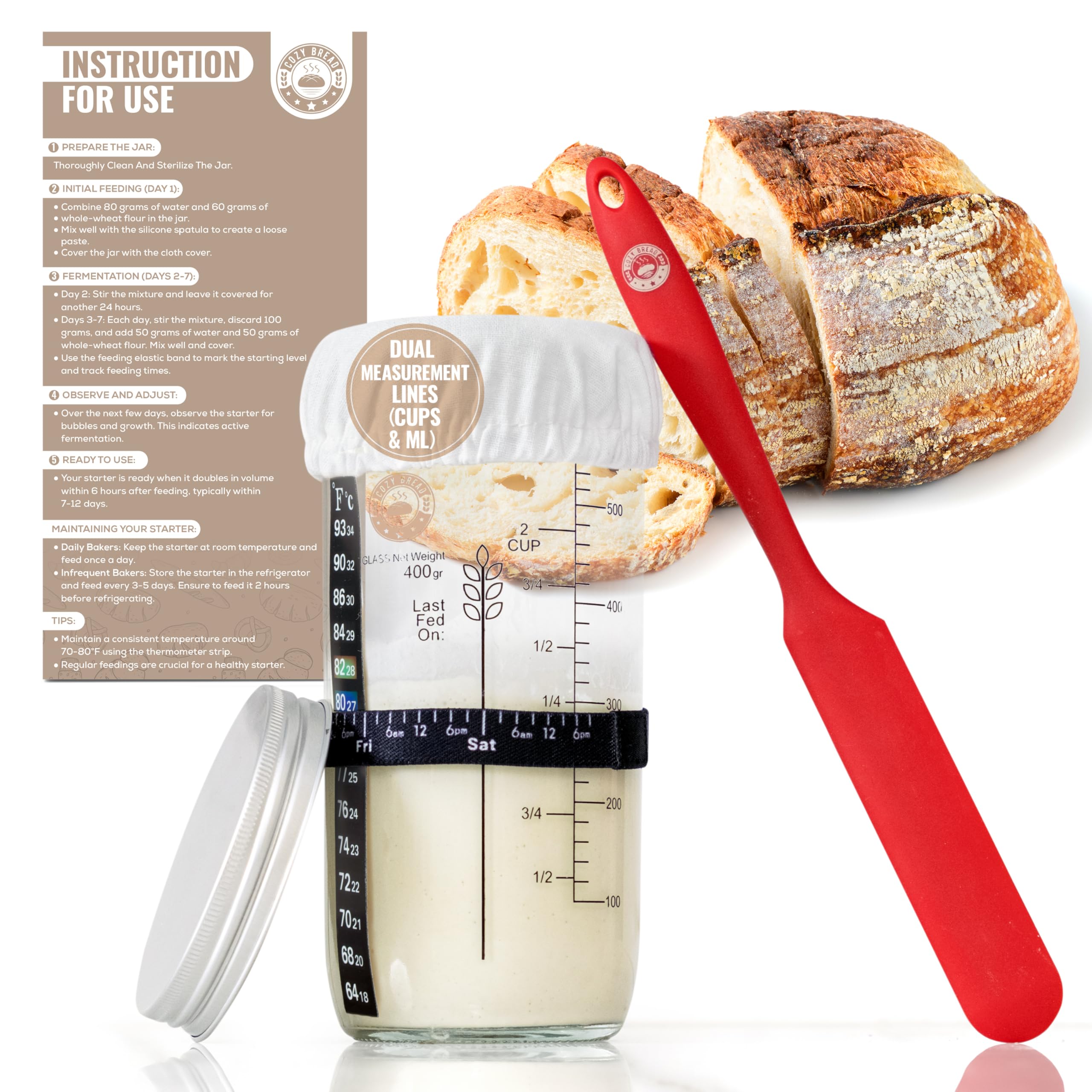 Sourdough Starter Jar Kit - 24 Oz Sourdough Starter Glass Jar with Date Marked Feeding Band, Thermometer, Silicone Scraper, Cloth Cover, and Metal Lid