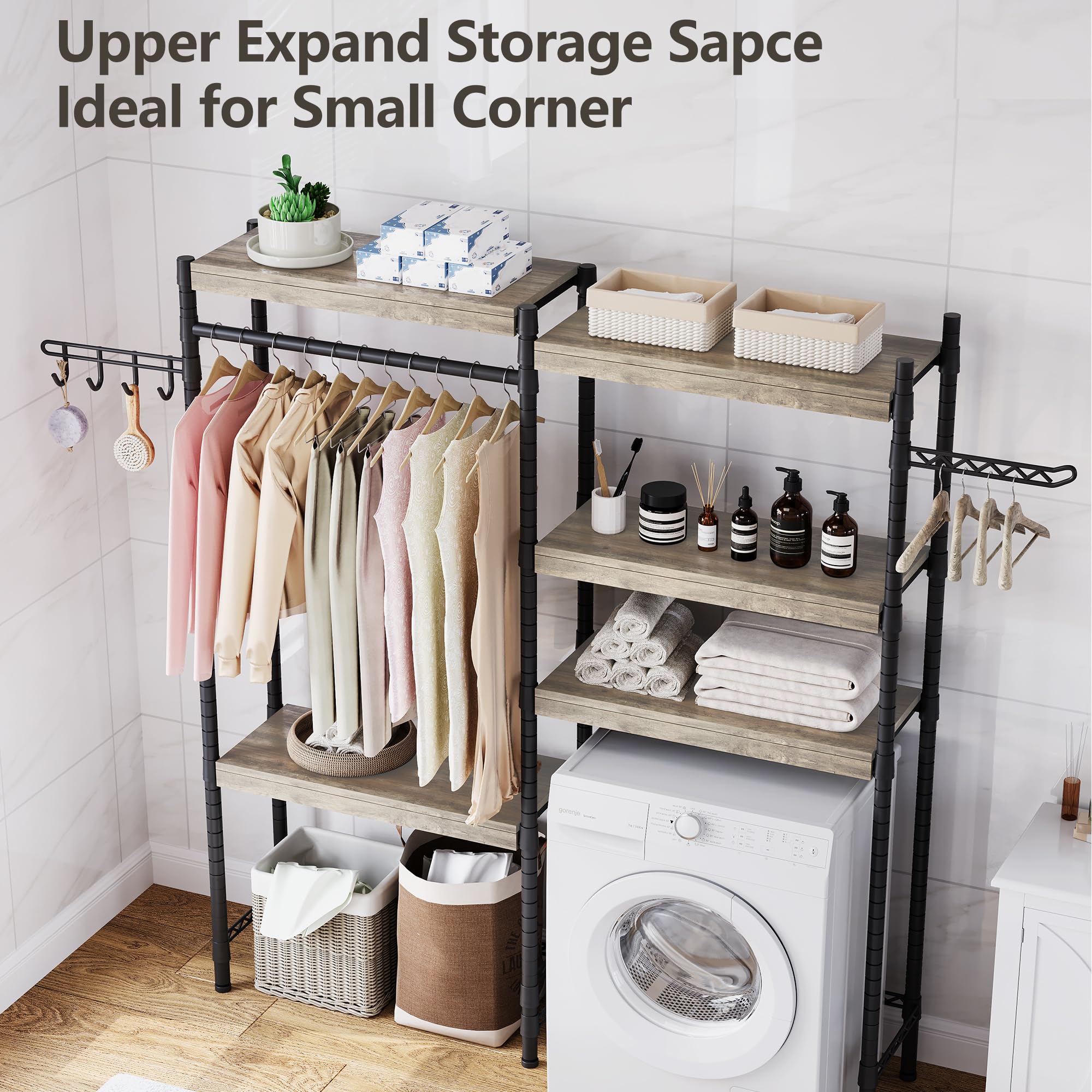 5-Tier Wood Over The Washer and Dryer Storage Shelf- Laundry Room Organization Space Saving Laundry Drying Clothes Racks Heavy Duty Adjustable Height Bathroom Shelf for Home Decor 61"*11.81"*74.02"H