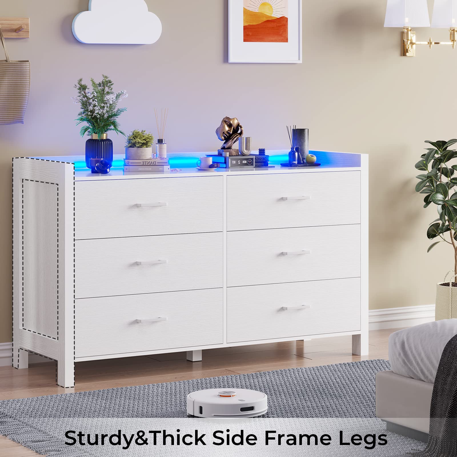 Hasuit White Dresser for Bedroom with LED Lights, Large Capacity Wooden Storage Cabinet, Chest of 6 Drawers, 6 Drawer Dresser for Hallway, Entryway