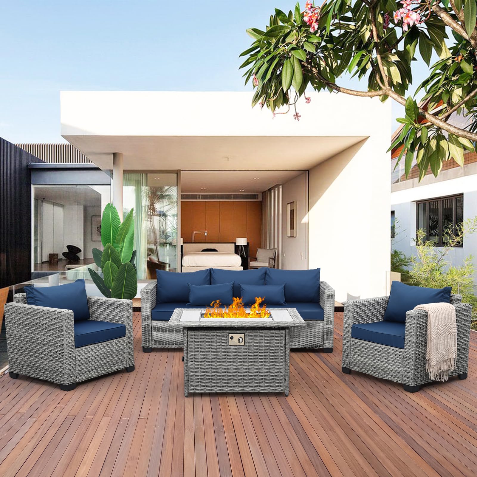 Rattaner 4 Pcs Outdoor Furniture Sets Patio Furniture Set Patio Couch Outdoor Chairs 42-in Wicker Fire Pit Table with Anti-Slip Cushions and Waterproof Covers, Navy Blue