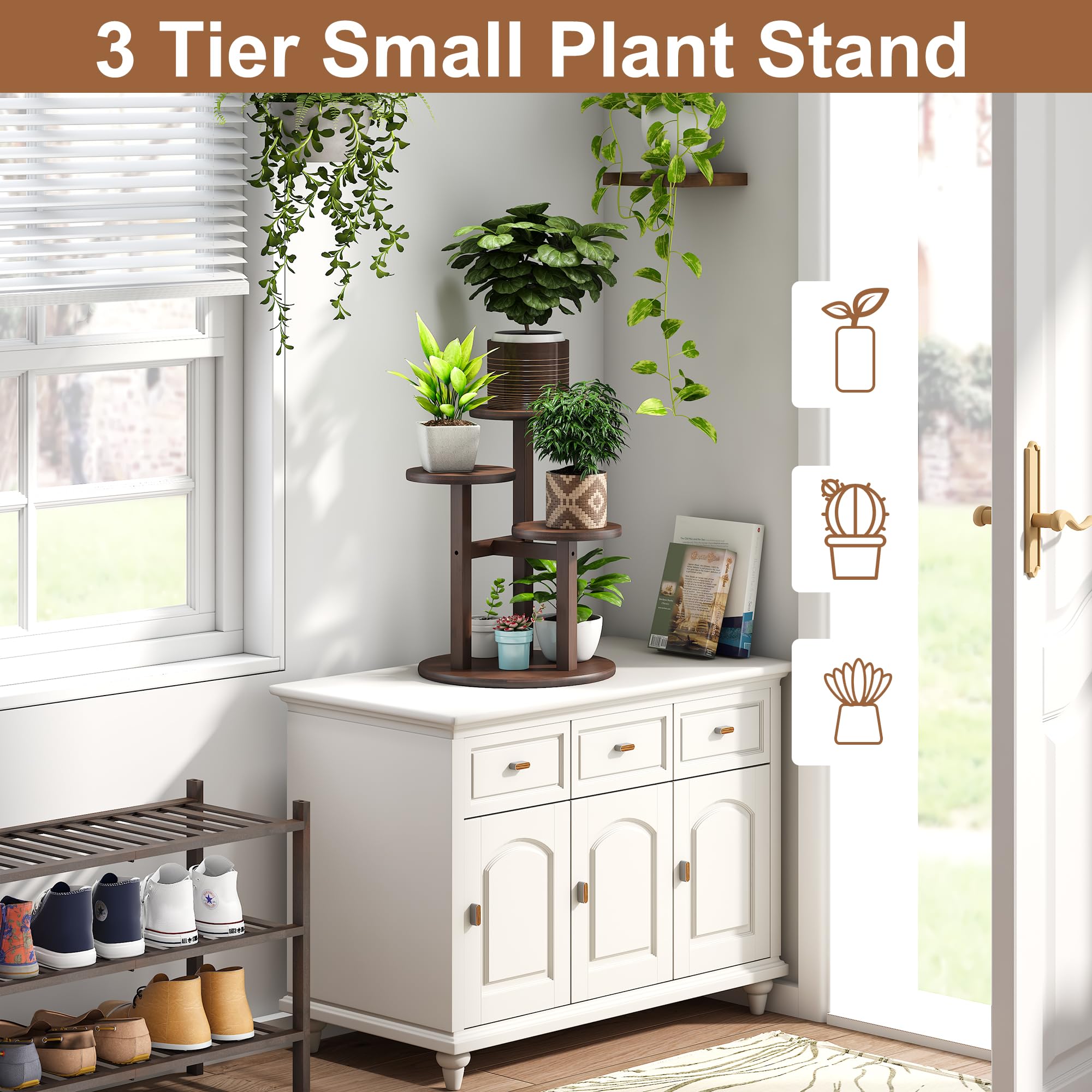 FILWH Plant Stand Small Bamboo Plant Stand Outdoor Indoor Movable Flower Stand With Wheels Plant Shelf Pot Holder Plants Corner Display Rack Multiple Planter For Living Room Balcony Garden Patio (3