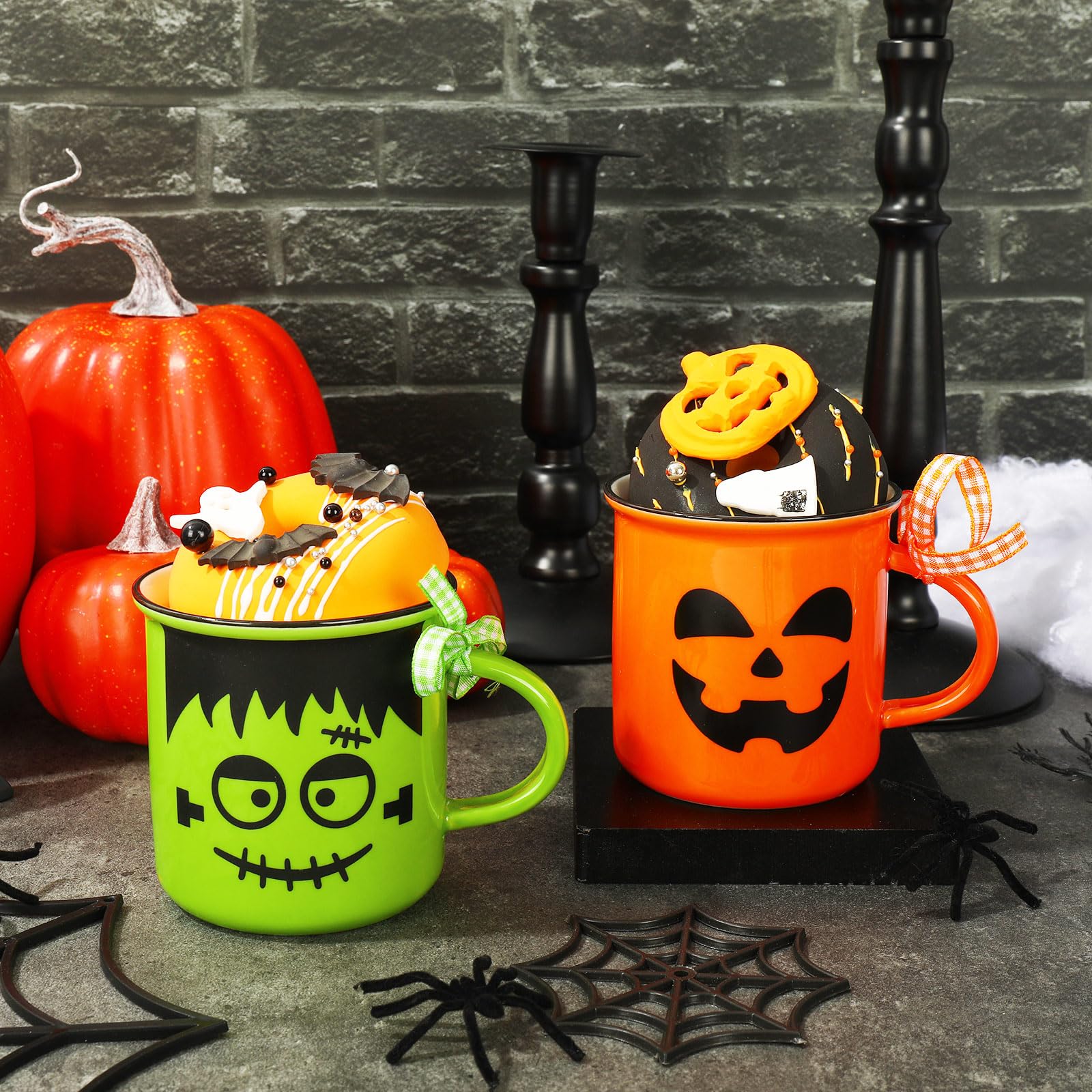 Whaline 4Pcs Halloween Mini Mugs with Plaid Ribbon Cat Monster Ghost Pumpkin Mini Coffee Mug Halloween Party Cups for Table Centerpieces Tiered Tray Decor Gifts