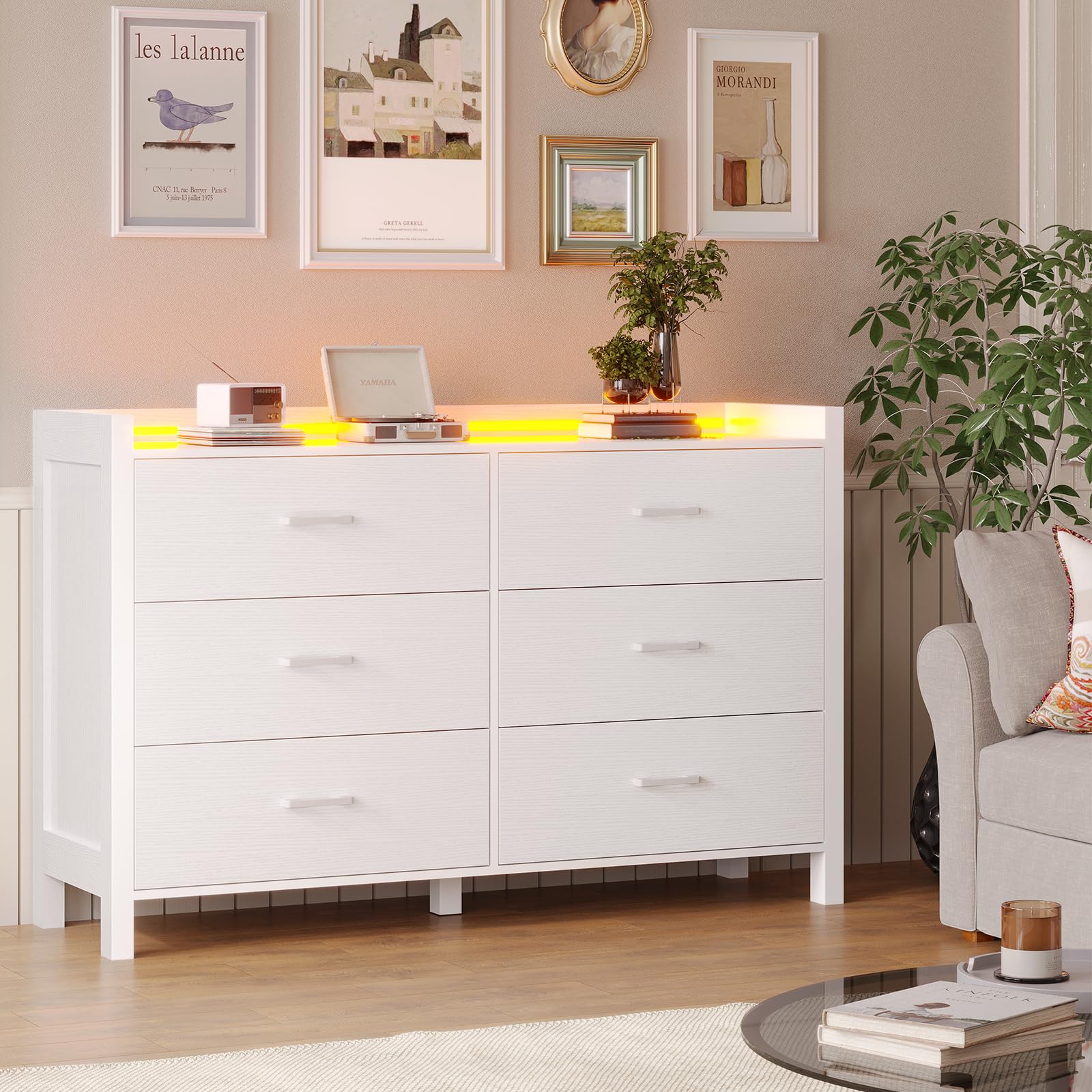 Hasuit White Dresser for Bedroom with LED Lights, Large Capacity Wooden Storage Cabinet, Chest of 6 Drawers, 6 Drawer Dresser for Hallway, Entryway