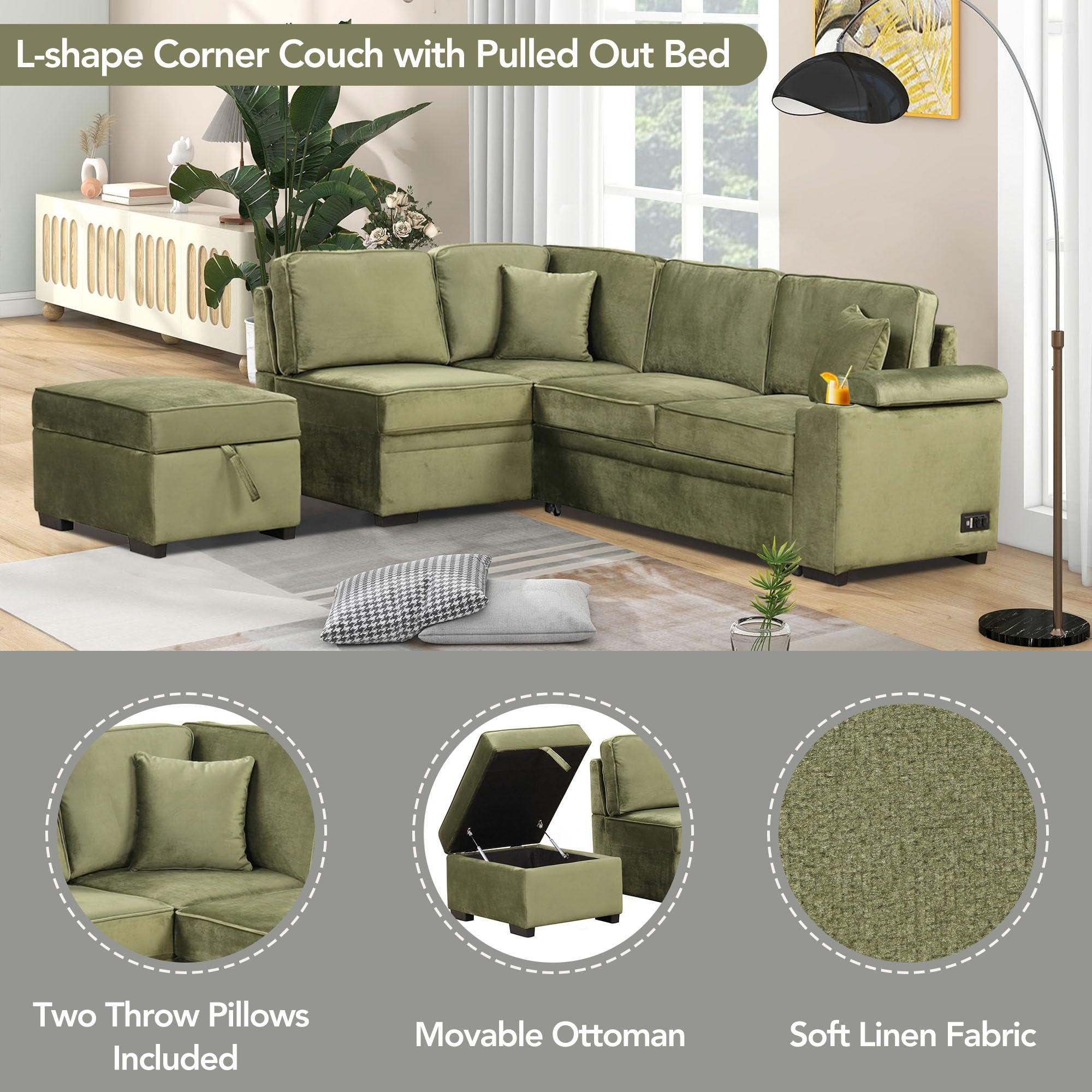 Linen L-shape Reversible Sleeper Sectional Sofa Couch with Storage Ottoman, 2 in 1 Pull Out Convertible Sofa Bed with Cup Holders and USB Charging Port for Living Room Apartment Office (Green-LI)