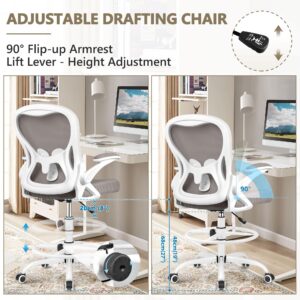 Winrise Drafting Chair, Tall Office Chair Ergonomic Standing Desk Chair, Lumbar Support Computer Chair Swivel Task Rolling Chair with Adjustable Flip-up Armrests & Foot Ring (Gray)