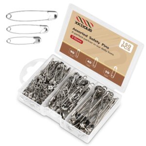 xkdous safety pins, 150 pcs safety pins assorted, 3 different sizes silver safety pins bulk, small safety pins, large safety pins heavy duty for clothes, sewing, craft