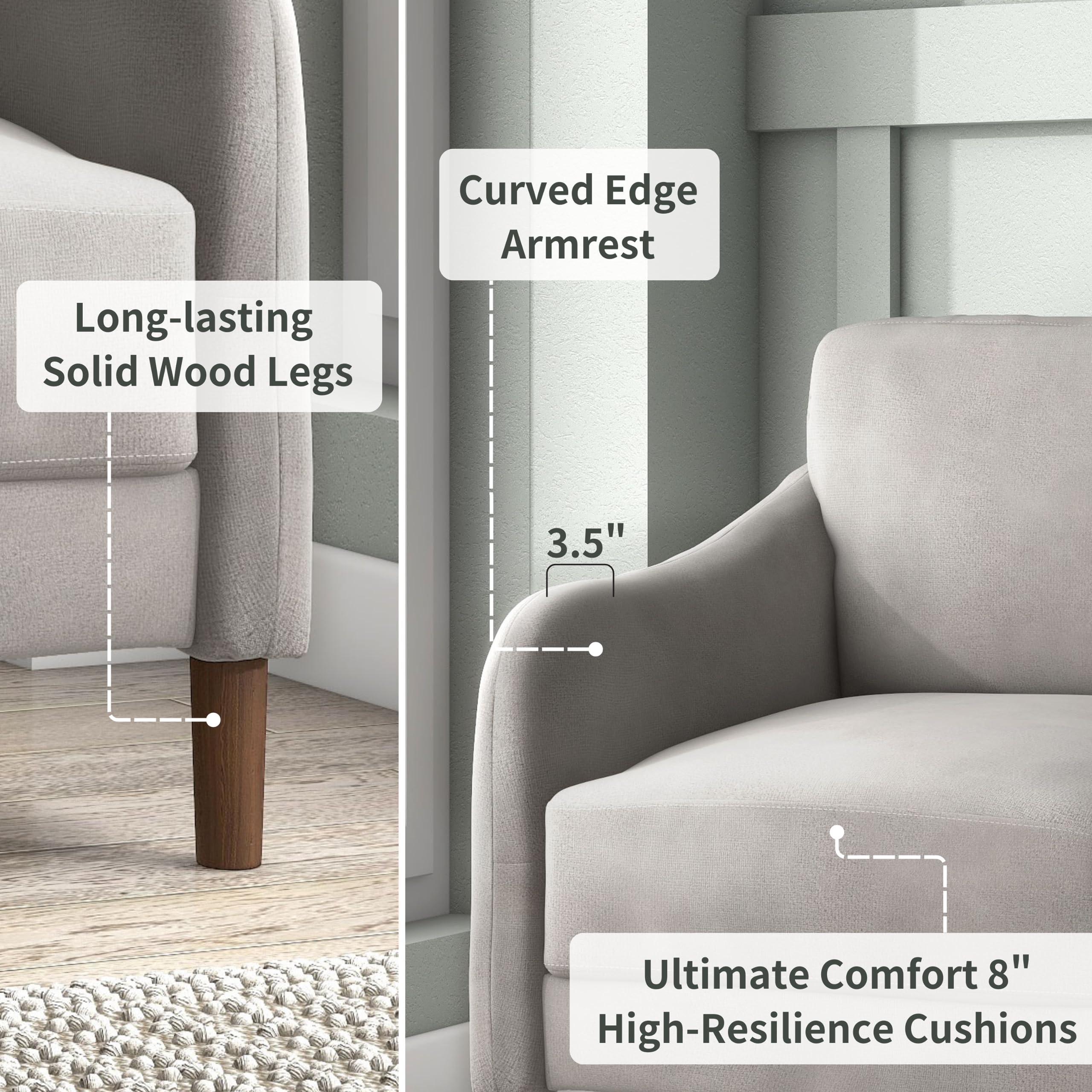 Furniture of Amarica Diana Mid Century Modern Velvet Loveseat with Solid Wood Legs, Compact Upholstered 2-Seater Sofa, Light Gray