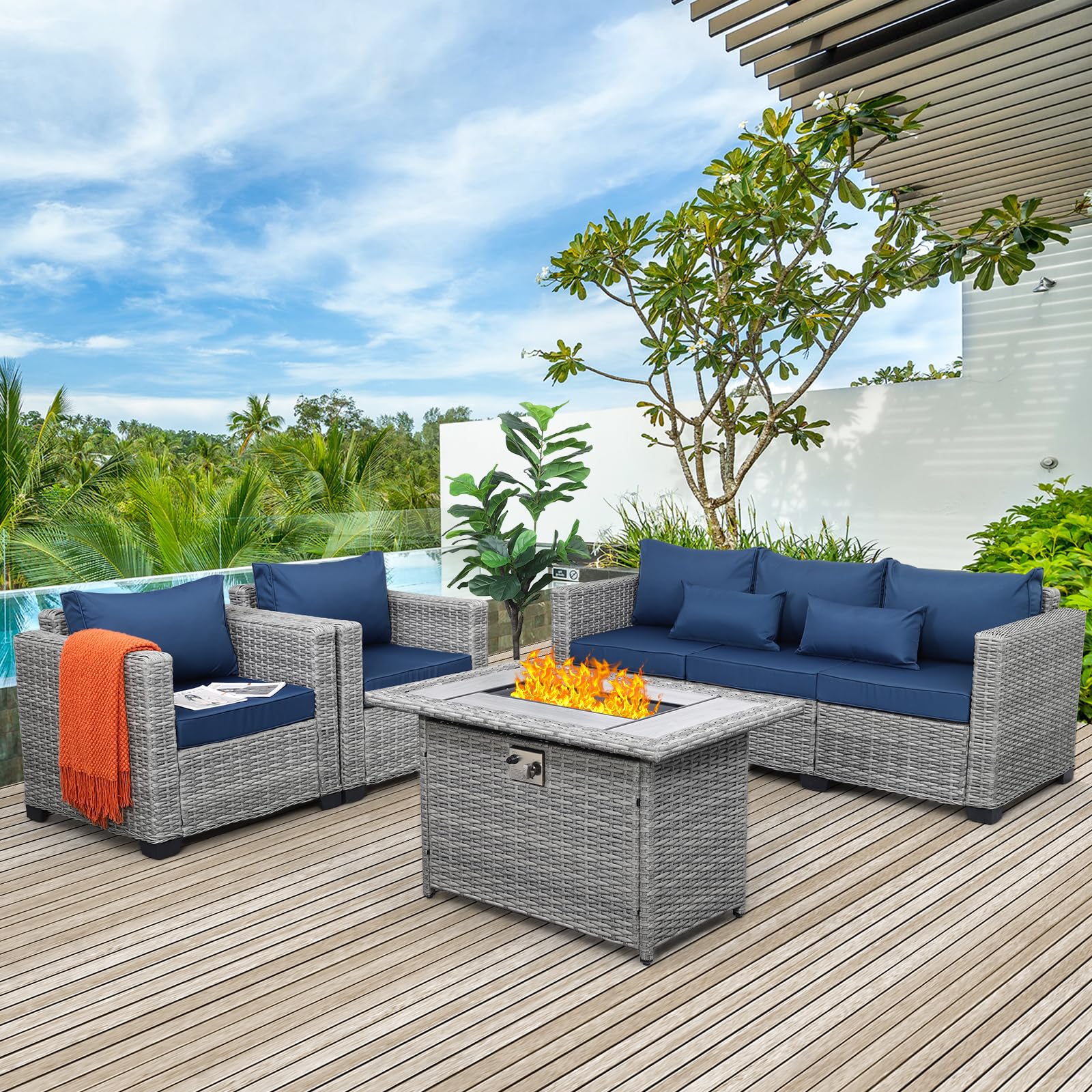 Rattaner 4 Pcs Outdoor Furniture Sets Patio Furniture Set Patio Couch Outdoor Chairs 42-in Wicker Fire Pit Table with Anti-Slip Cushions and Waterproof Covers, Navy Blue