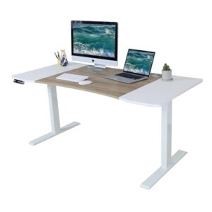 dual motor 63x30 height adjustable electric standing desk,height stand up computer desk,sit stand home office desk with splice board, white and oak top, white frame