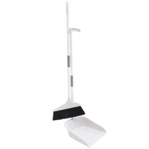 kallory broom and dustpan set dust pan and broom combo for floor cleaning upright long handle broom and dustpan set for sweeping indoor outdoor kitchen office lobby floor white