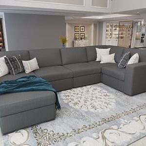 Sectional Couches for Living Room: Modular L Shaped Couch with Ottoman - Grey U Shape Sofa Furniture Set 6 Piece Modern Upholstered Oversized Daybed Sleeper Sofas