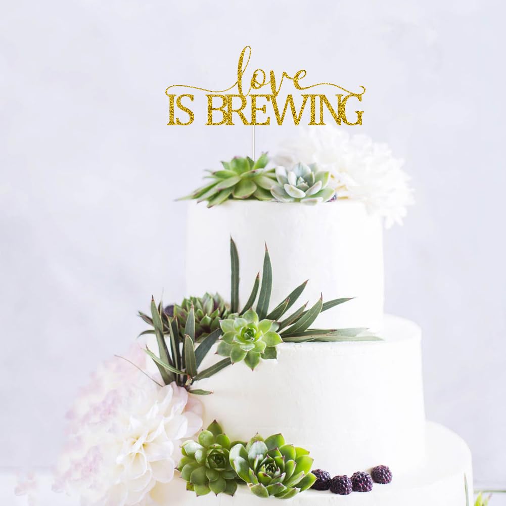 Love is Brewing Cake Topper for Wedding Engagement Bridal Shower Bachelorette Party Decorations Gold Glitter