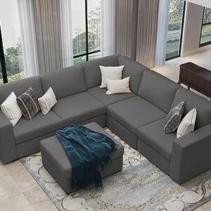 Sectional Couches for Living Room: Modular L Shaped Couch with Ottoman - Grey U Shape Sofa Furniture Set 6 Piece Modern Upholstered Oversized Daybed Sleeper Sofas