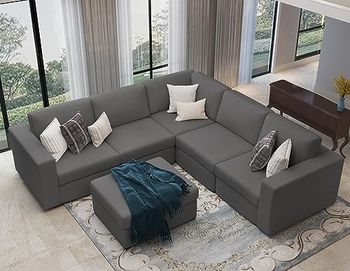 Sectional Couches for Living Room: Modular L Shaped Couch with Ottoman - Grey U Shape Sofa Furniture Set 6 Piece Modern Upholstered Oversized Daybed Sleeper Sofas