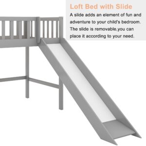 Bellemave Twin Size Loft Bed for Kids,Low Loft Bed with Slide and Ladder,Wood Loft Bed Twin for Girls Boys,Grey