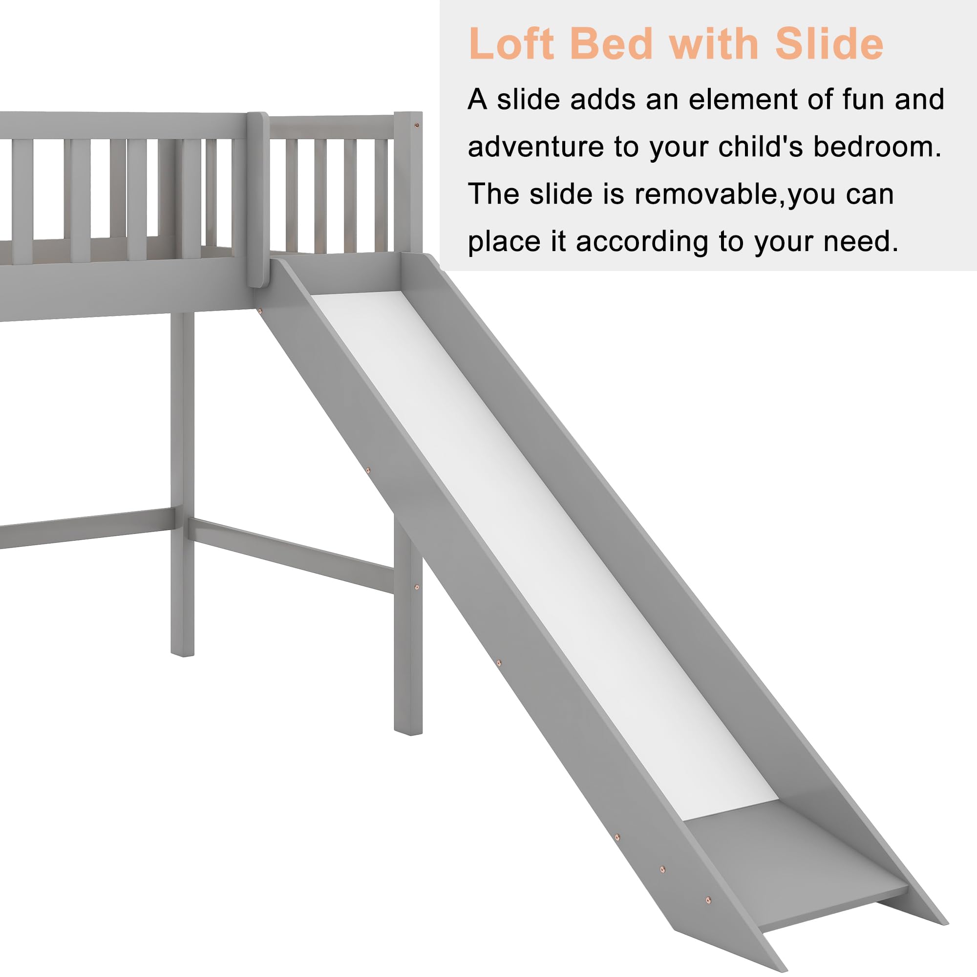 Bellemave Twin Size Loft Bed for Kids,Low Loft Bed with Slide and Ladder,Wood Loft Bed Twin for Girls Boys,Grey