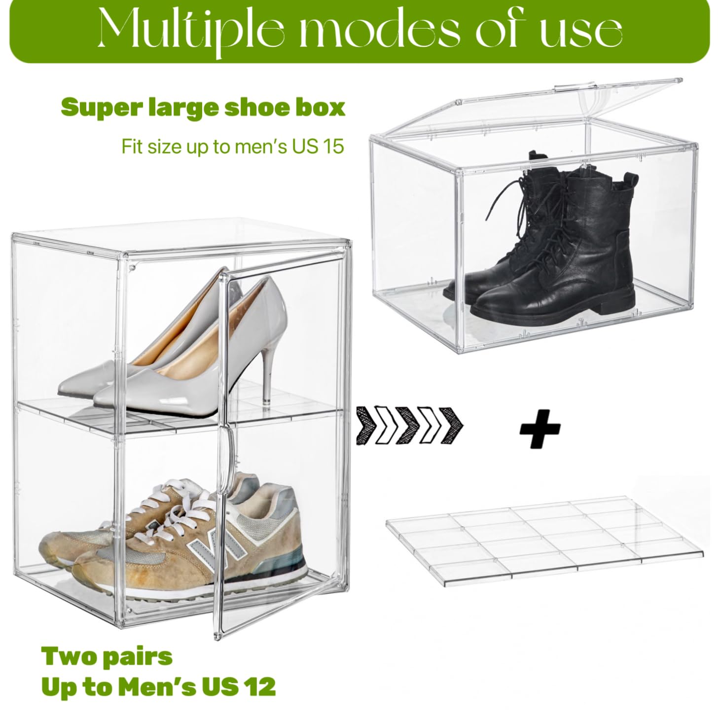 ZLLZUU Super Large Boot Storage Boxes Clear Stackable Storage Bins, XX-Large Shoe Box Organizers with Magnetic Lids, Big Acrylic Display Case an Adjustable Divider