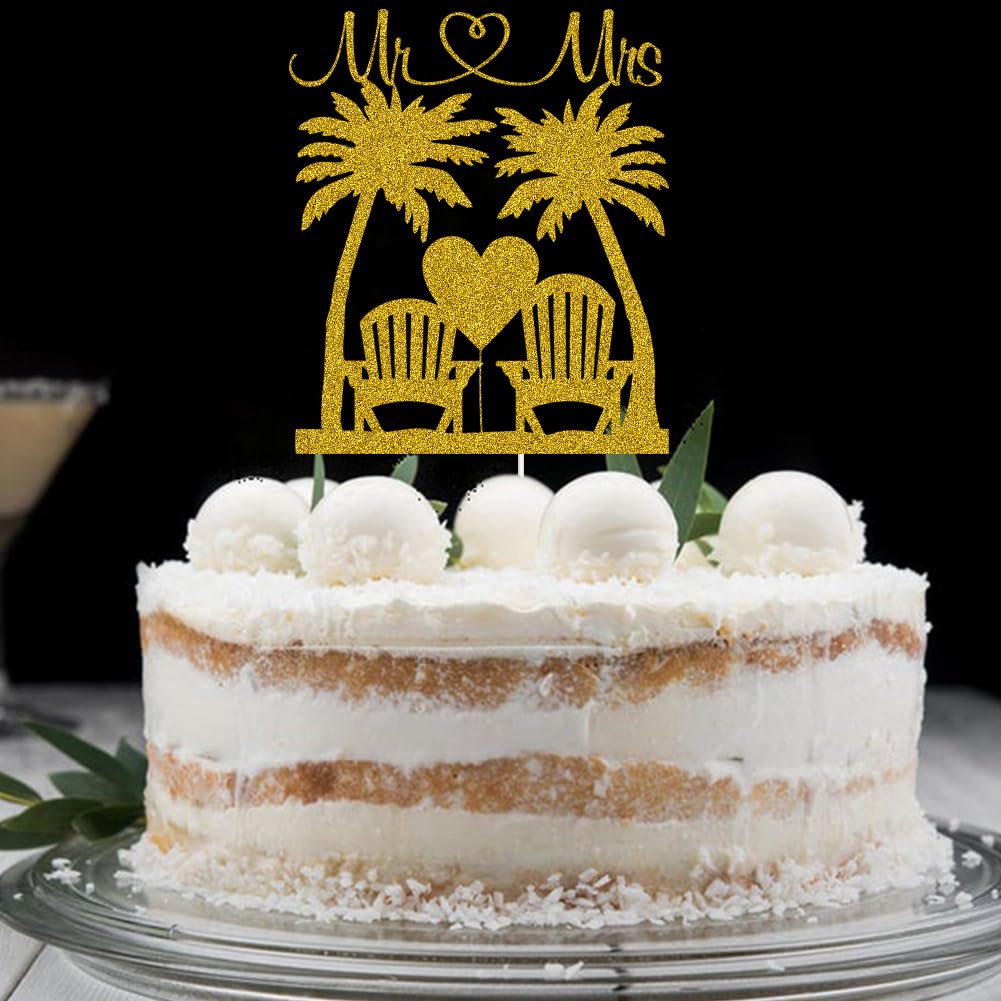 Mr & Mrs Cake Topper Tropical Wedding Cake Decorations Palm Tree Chair Hawaii Beach Wedding Party Supplies Bride & Groom Travel Cake Toppers Gold Glitter