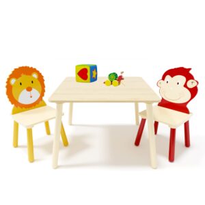 zacis kids table and chair set, wooden toddler table set with 2 chairs, children adorably animal activity table for reading, drawing, eating, studying, parent-child interaction activity play