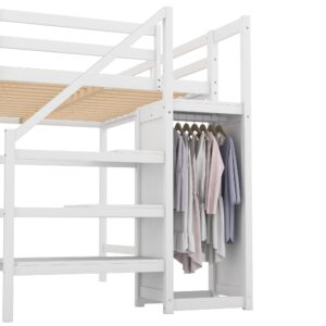 Harper & Bright Designs Full Loft Bed, Loft Bed Full Size with Storage Staircase and Wardrobe for Clothes, Wooden High Loft Bed Frame for Kids Girls Boys Bedroom, White