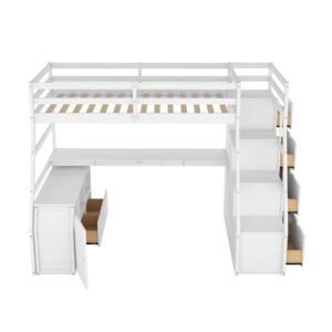 Harper & Bright Designs Twin Loft Bed with Stairs and Desk, Solid Wood Loft Bed Frame with Storage 7 Drawers 2 Shelves, for Kids Teens Adults (White)