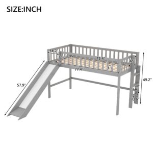 Bellemave Twin Size Loft Bed for Kids,Low Loft Bed with Slide and Ladder,Wood Loft Bed Twin for Girls Boys,Grey