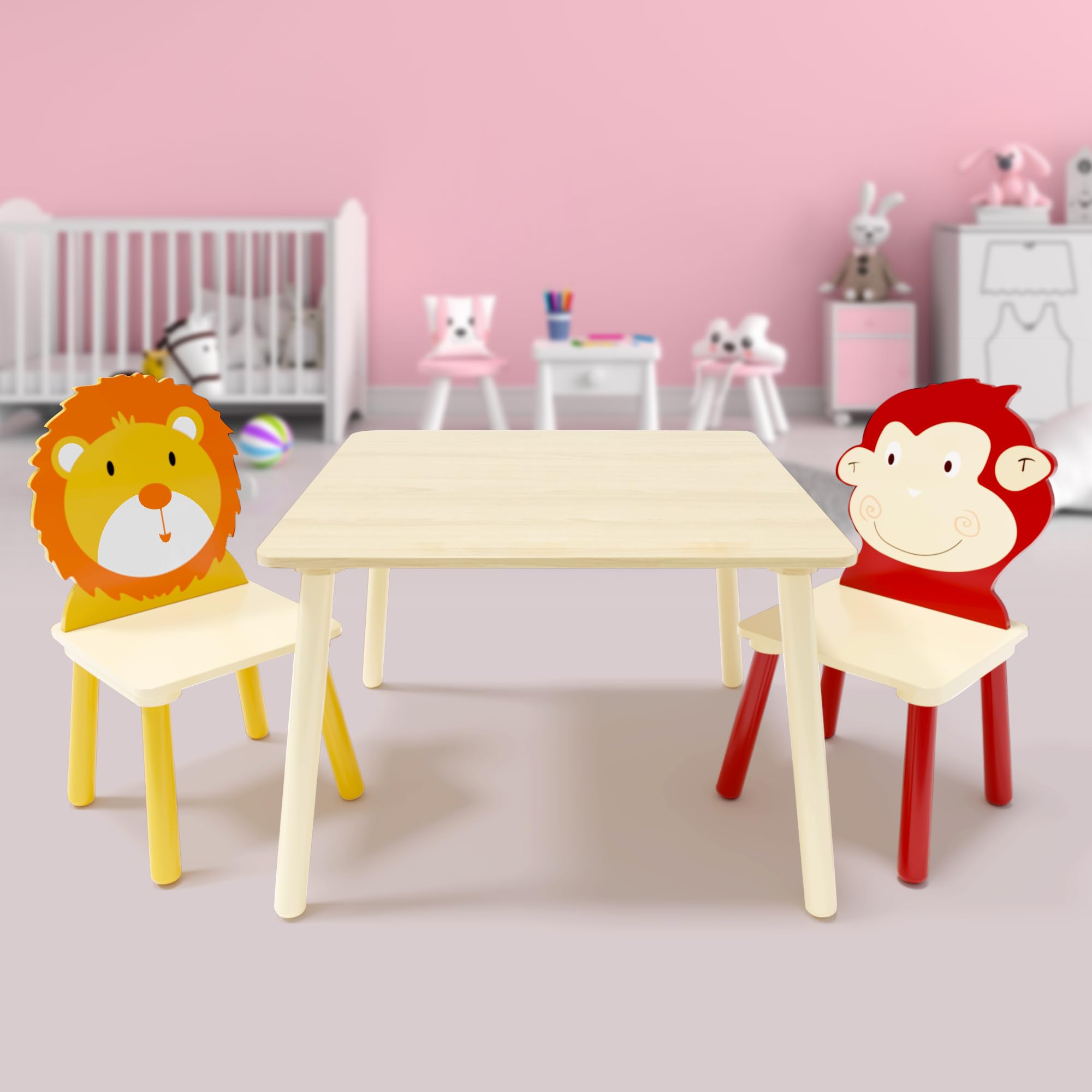 Zacis Kids Table and Chair Set, Wooden Toddler Table Set with 2 Chairs, Children Adorably Animal Activity Table for Reading, Drawing, Eating, Studying, Parent-Child Interaction Activity Play