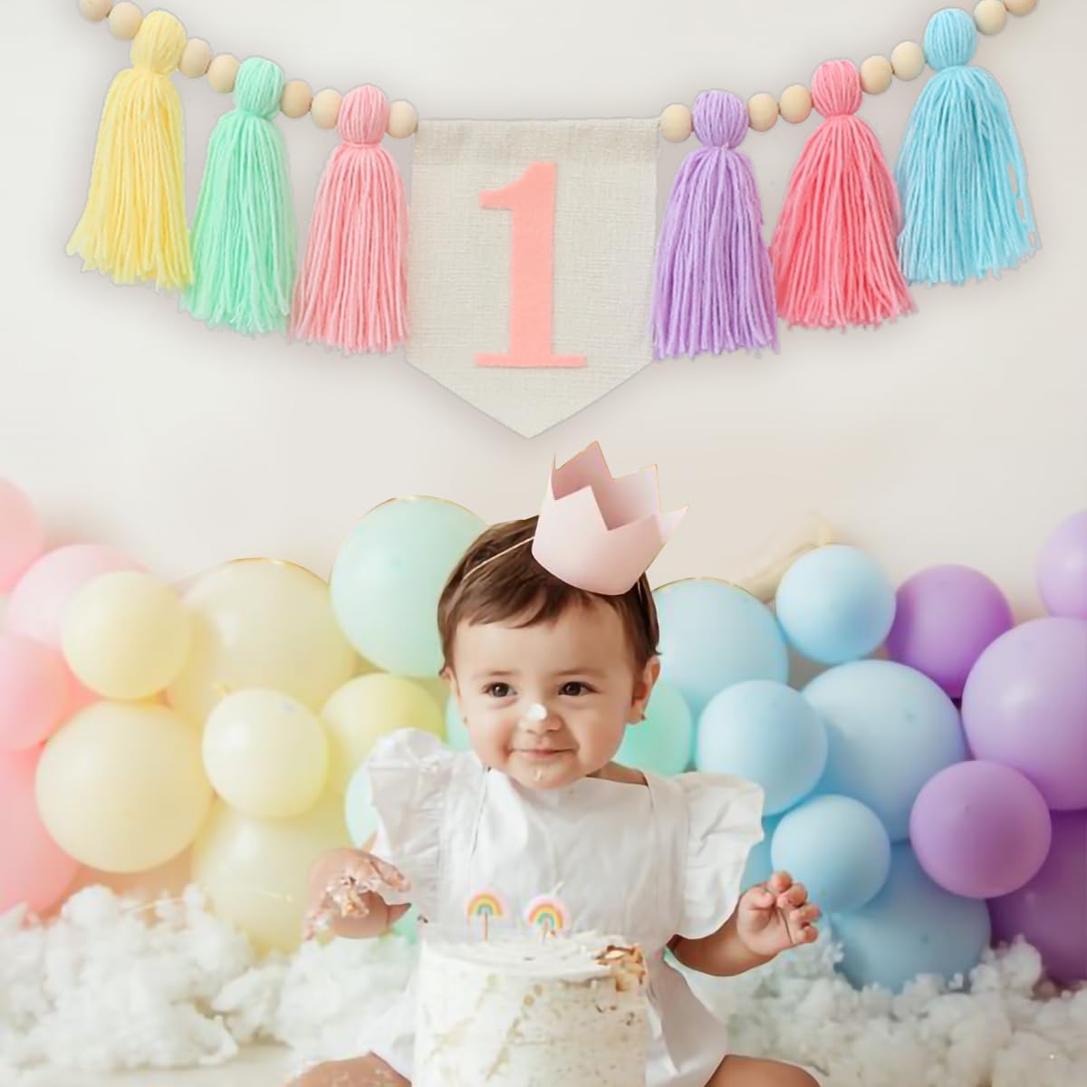 Handmade Boho 1st Birthday High Chair Banner Party Decoration for Girl Baby Shower Wall Hangings Decorative for Kids Bedroom Purple