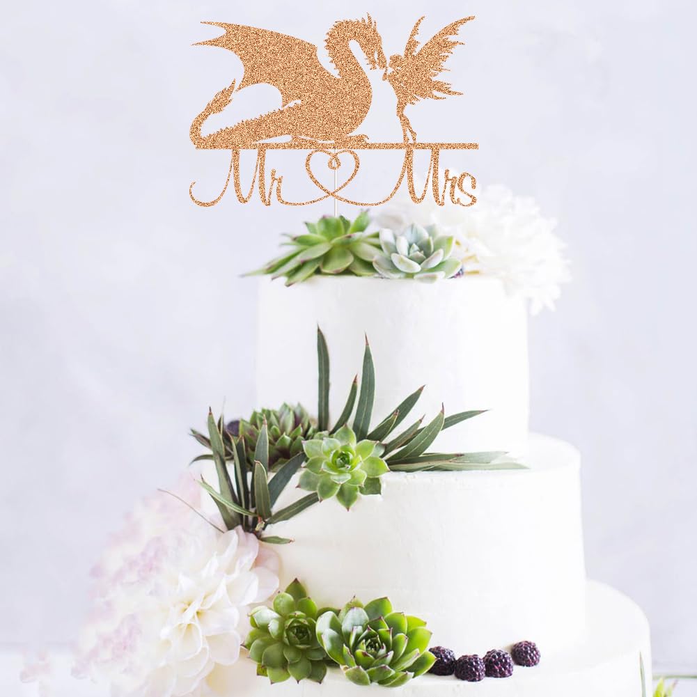 Dragon and Fairy Cake Topper, Wedding Cake Decors, Mr & Mrs, Bride and Groom, Rose Gold Glitter Party Decorations for Engagement/Bridal Shower