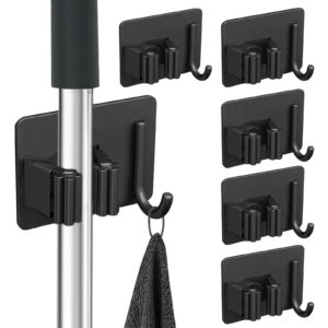 yingenter 6pcs mop broom holder no drill sus304 stainless steel, heavy duty tool organizer rack rake and shovel handle, storage rack self adhesive for bathroom, laundry, kitchen, garage, garden